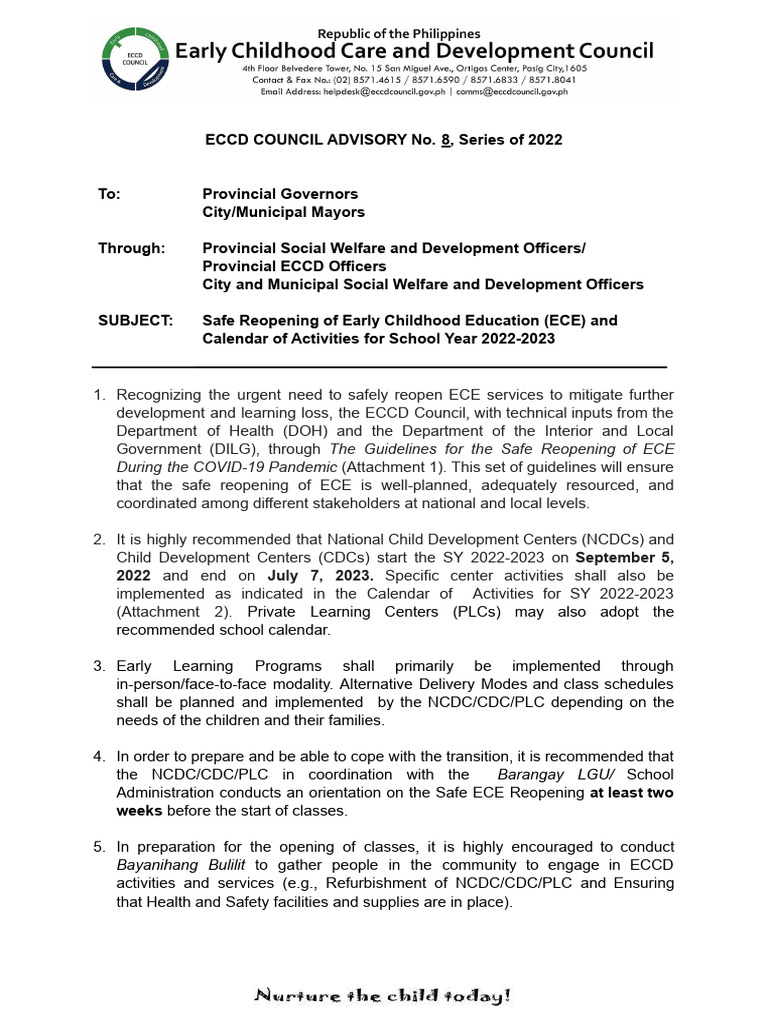 ECCD Advisory No. 8, S. 2022 Complete | PDF | Hand Washing | Personal ...