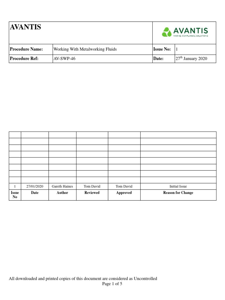 AV-SWP-46 Working With Metalworking Fluids Iss 1 | PDF | Materials | Safety