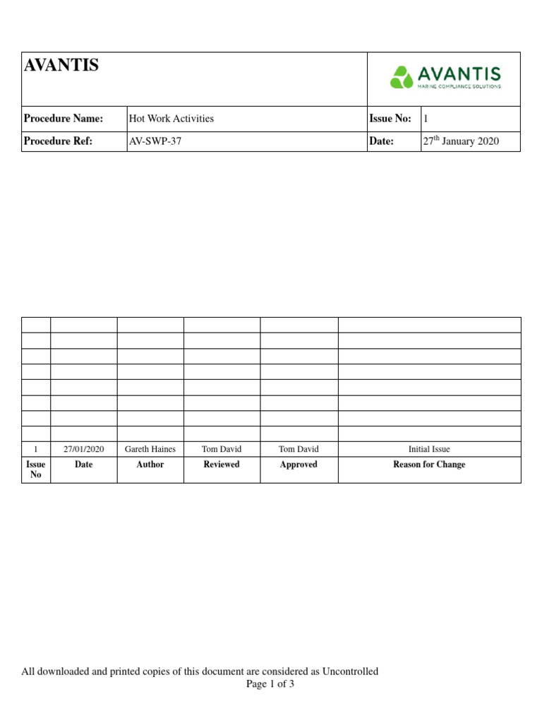 AV-SWP-37 Hot Work Activities Iss 1 | PDF | Fires | Hazards