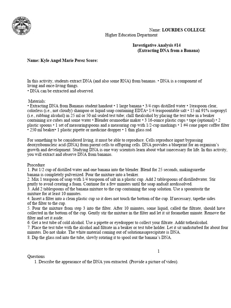 Laboratory 14 Extracting DNA From A Banana 1 | PDF | Filtration | Teaspoon