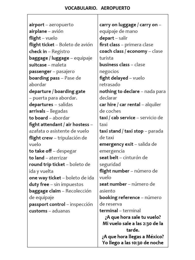 Vocabulario Del Aeropuerto | PDF