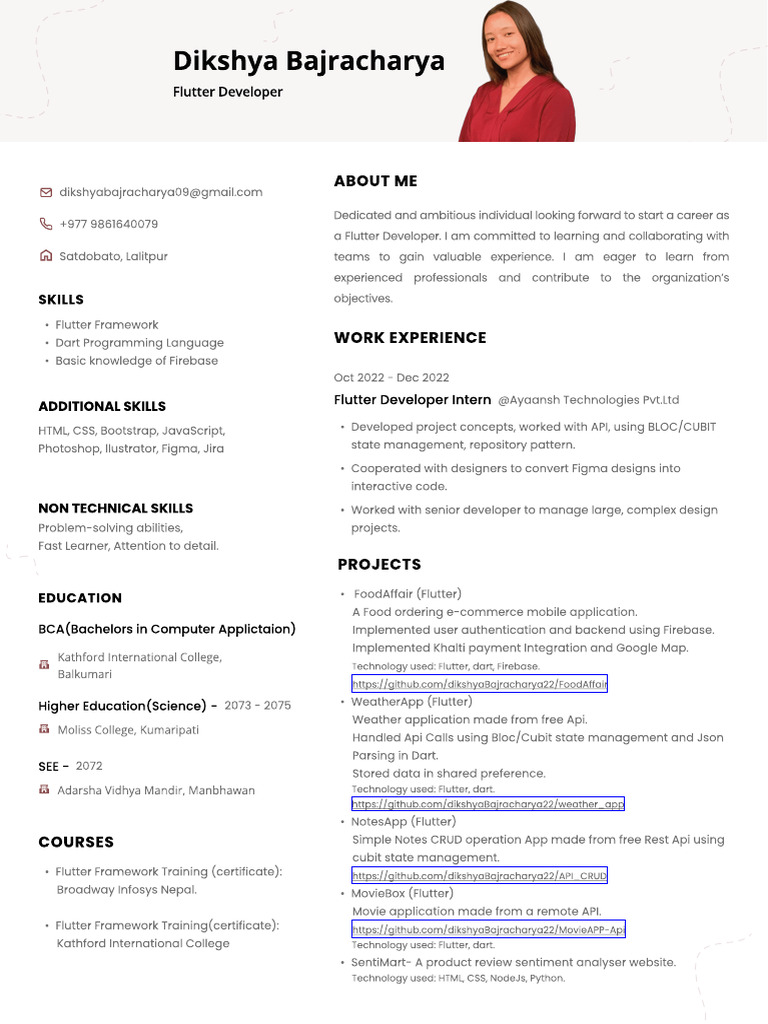 Flutter Developer Resume and Projects | PDF | Software Framework | Computing