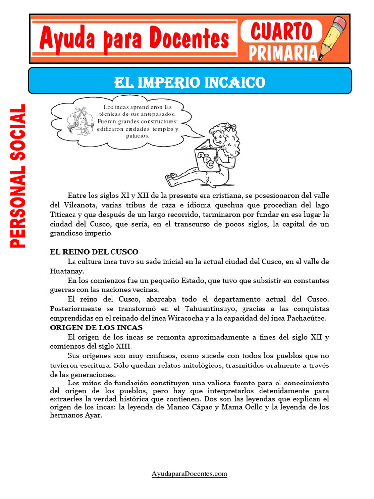 Fichas Del Imperio Incaico para Cuarto de Primaria | Descargar gratis PDF | Imperio Inca
