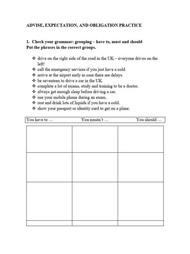 Advise Expectation and Obligation Worksheet | PDF
