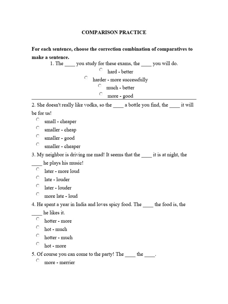 Comparison Practice Worksheet | PDF