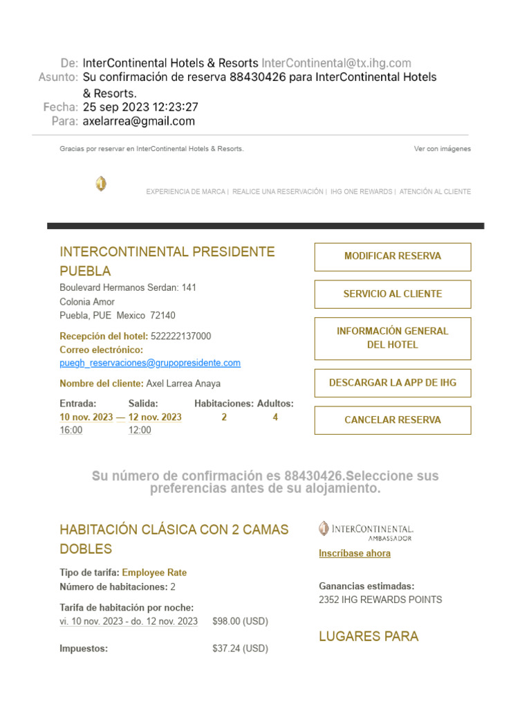 Su Confirmación de Reserva 88430426 para InterContinental Hotels ...