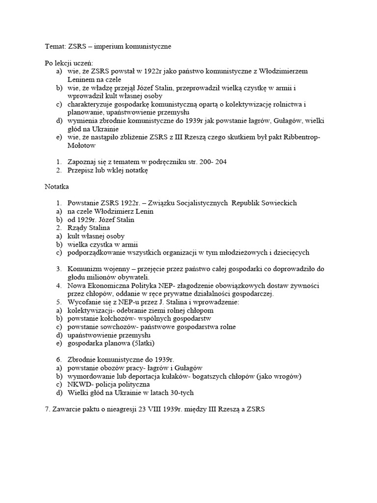 Klasa VII Historia 2104 Zsrs Imperium Komunistyczne | PDF
