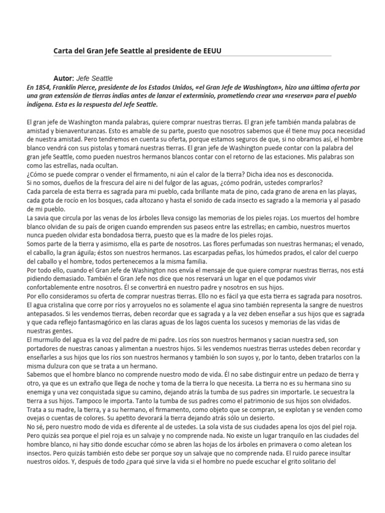 Carta Del Gran Jefe Seattle Al Presidente de EEUU 5 | PDF | Libros para ...