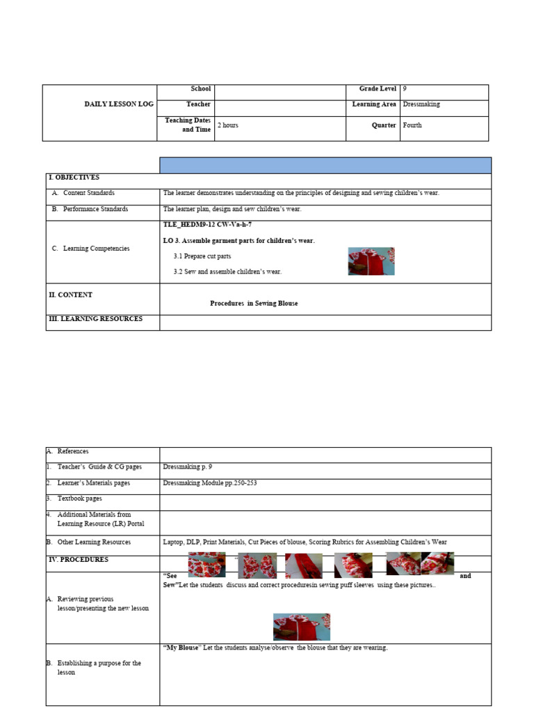 Grade 9 Dressmaking Lesson Plan Q4 | PDF | Learning | Teachers