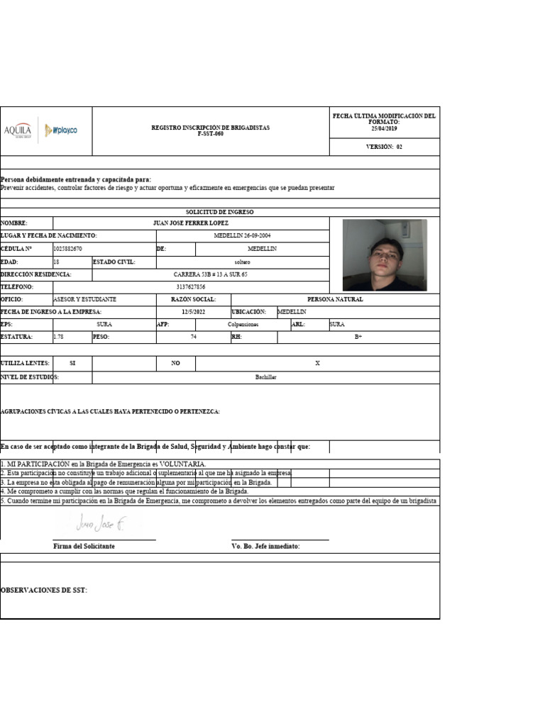 F SST 060 RegistroInscripcionDeBrigadistas (Juanjo) | PDF