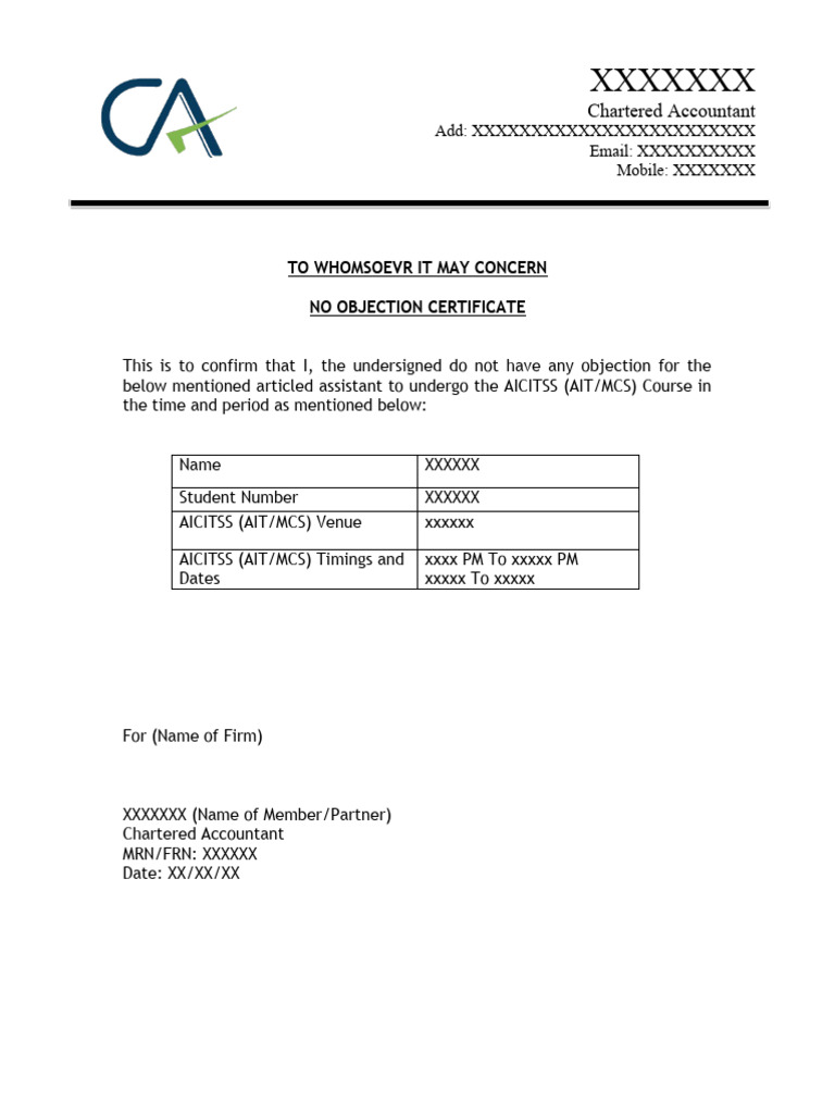 No Objection Certificate for AICITSS | PDF | Finance & Money Management ...