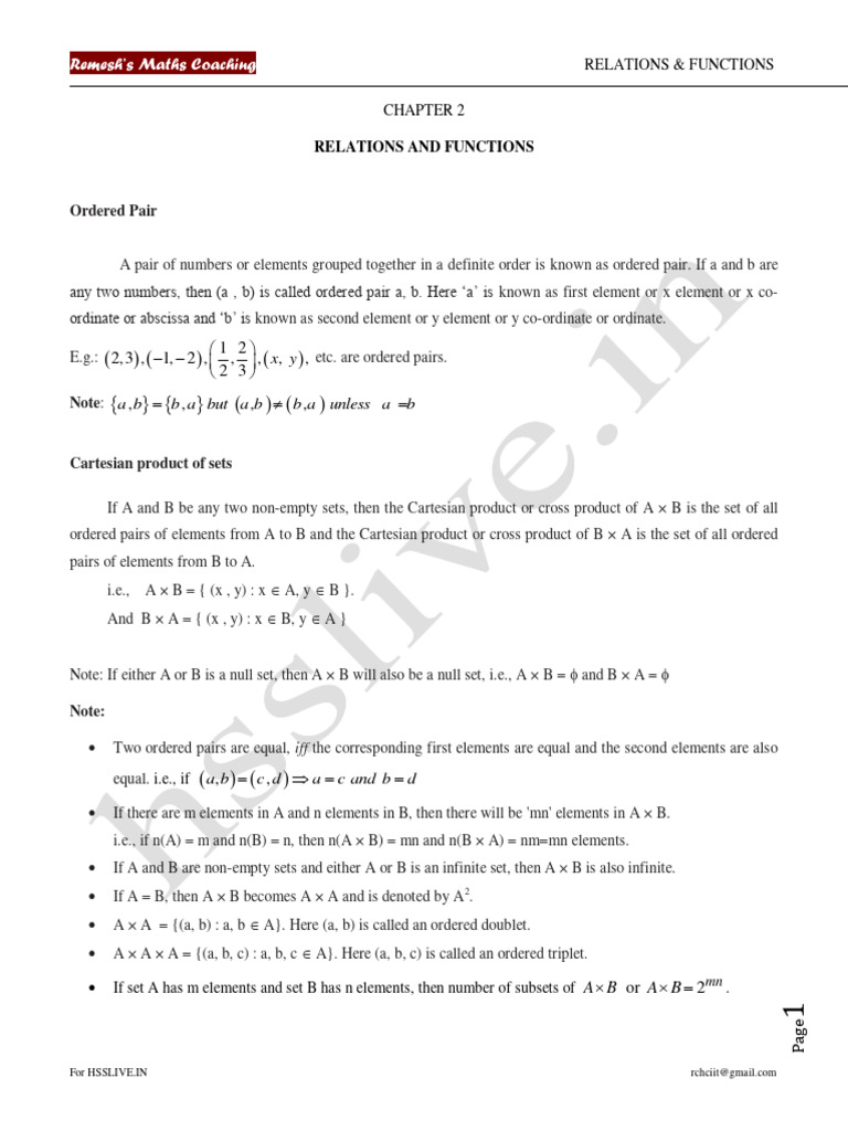 Hsslive Xi Maths Ch 2 Relations Functions Remesh Pdf Function