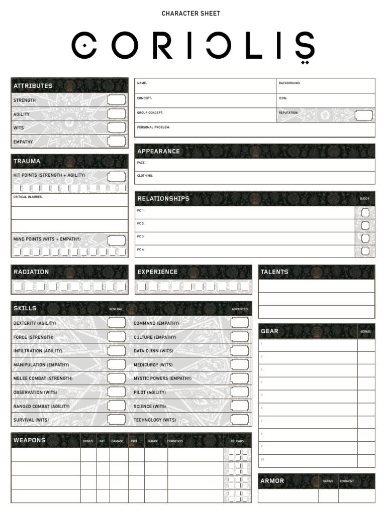 Coriolis - Character Sheet (Forms) (PF) | PDF | Gaming | Role Playing Games