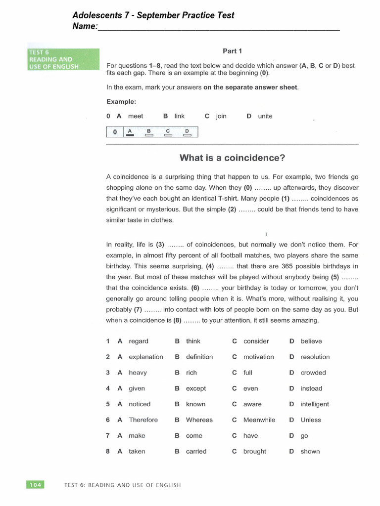 Ado 7 - FCE PLUS 2 NE 2015 Test 6 - SEPTEMBER | PDF