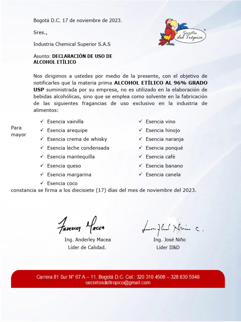 Carta Alcohol Etílico | PDF