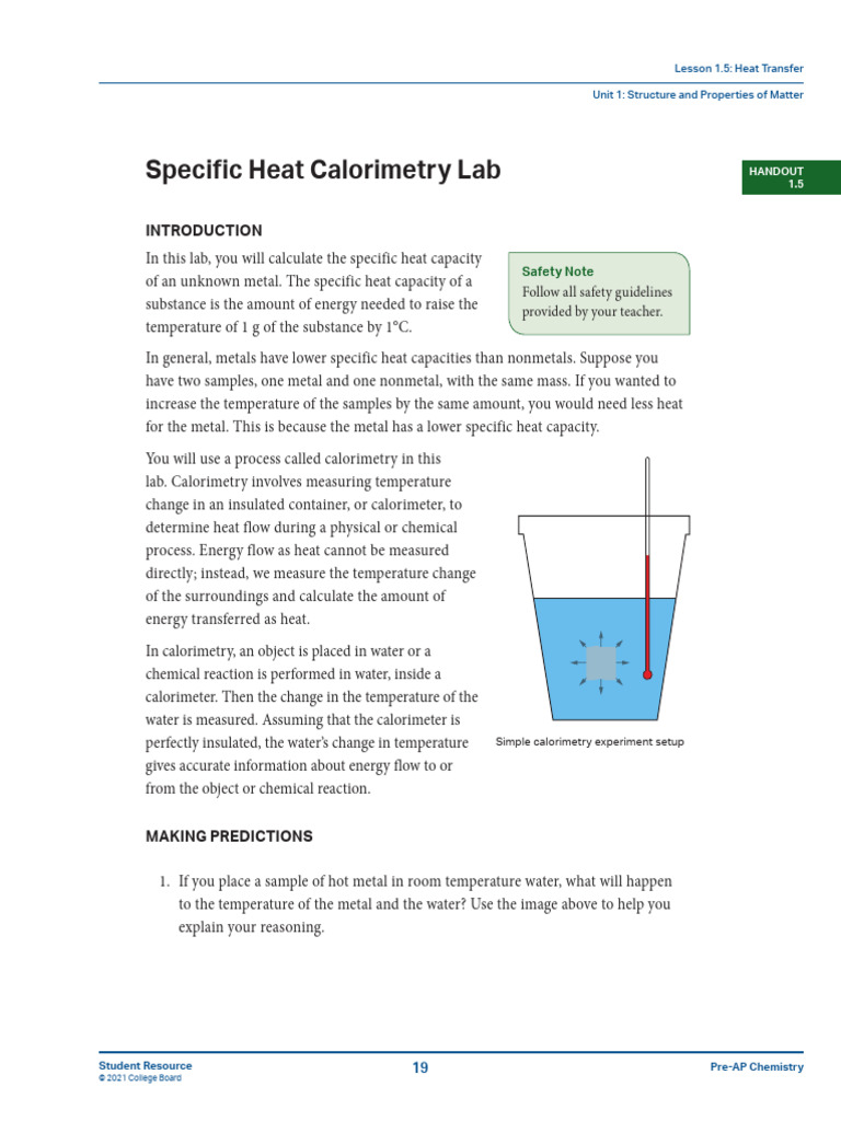 Hand Out 1.5 - Specific Heat Calorimetry Lab | PDF | Heat | Calorimetry