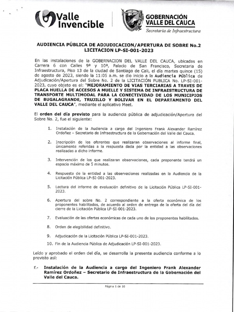 Acta de Audiencia de Adjudicación LP-SI-001-2023 | PDF