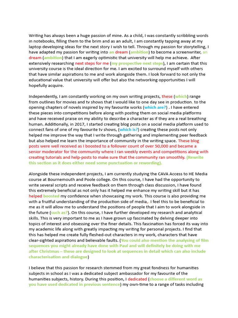 CL Personal Statement First Draft MB Comments | PDF | Learning | Human Communication