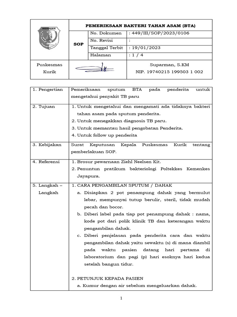 Sop Pemeriksaan Bakteri Tahan Asam (Bta) | PDF