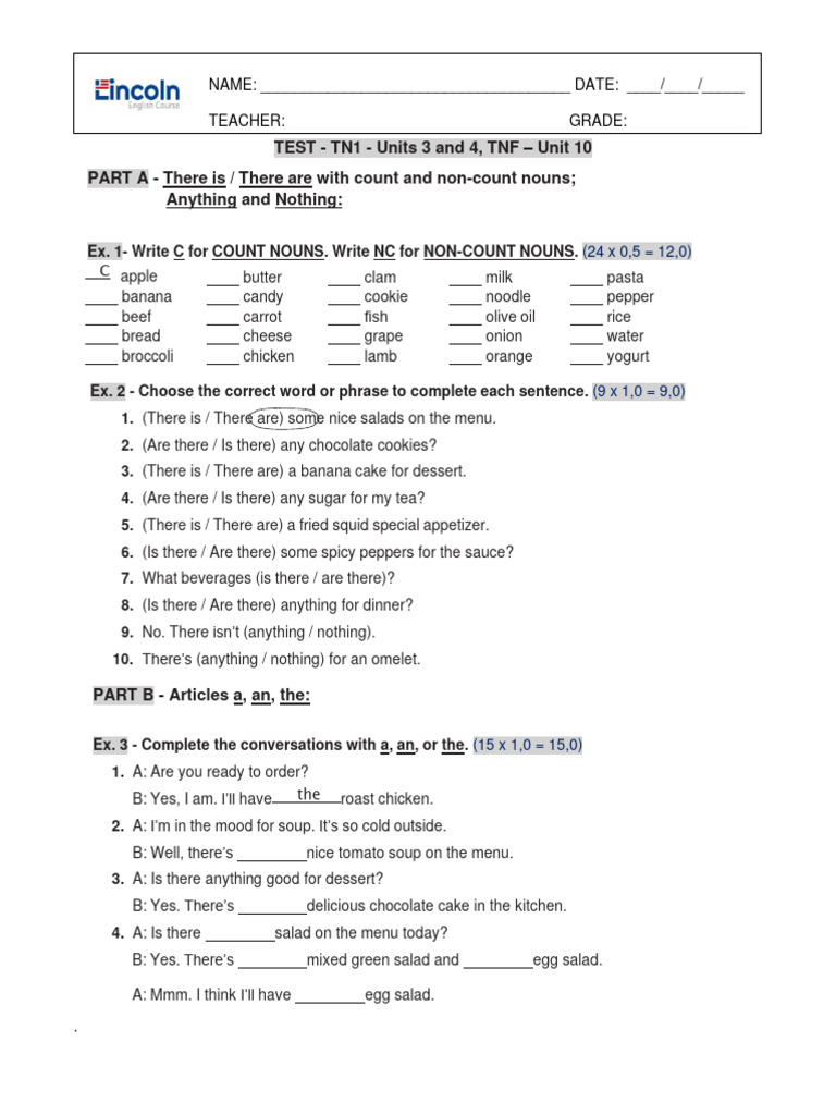 TEST Units 3-4 TN1 Unit 10 TNF | PDF | Foods | Food And Drink