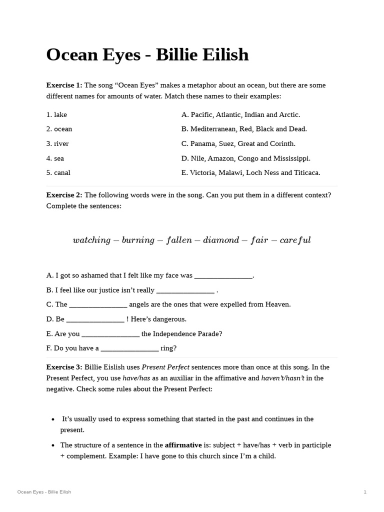 Ocean Eyes by Billie Eilish Exercise | PDF | Linguistic Morphology | Syntax