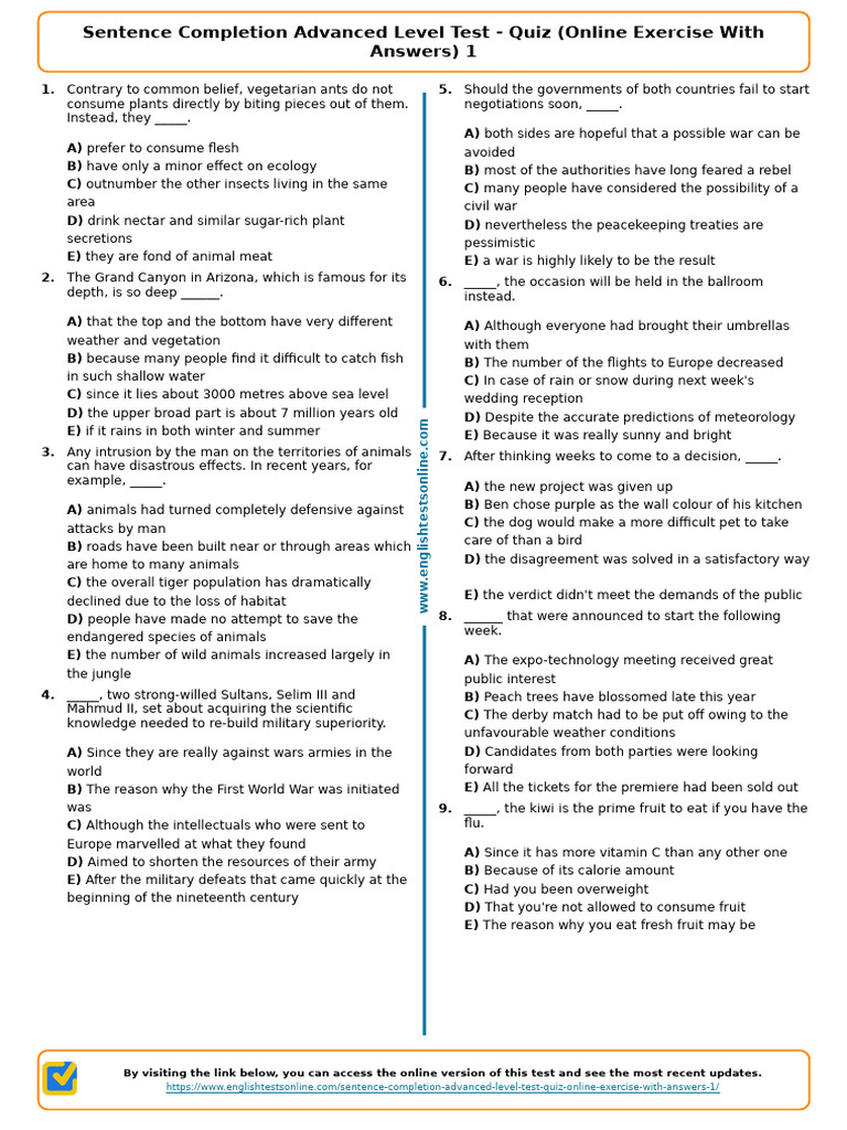 369 - Sentence Completion Advanced Level Test Quiz Online Exercise With ...