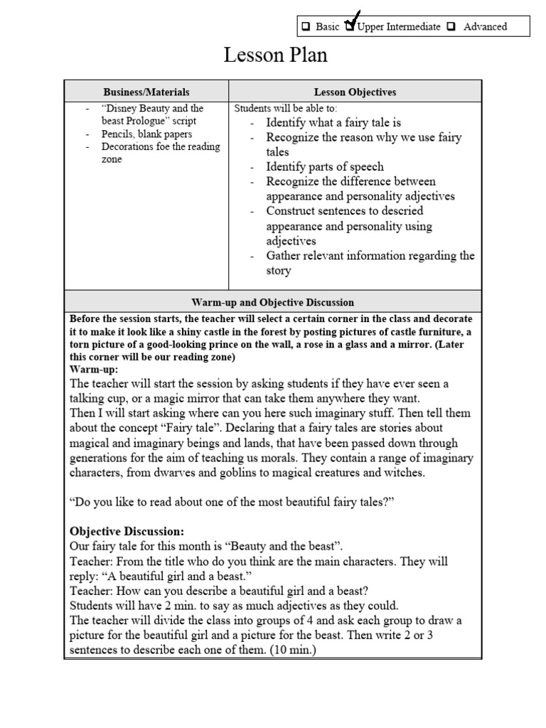 Beauty and the Beast Lesson Plan | PDF | Part Of Speech | Fairy Tales