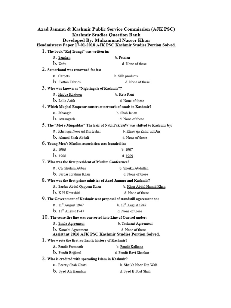 AJK PSC Kashmir Studies MCQs Guide | PDF | Kashmir