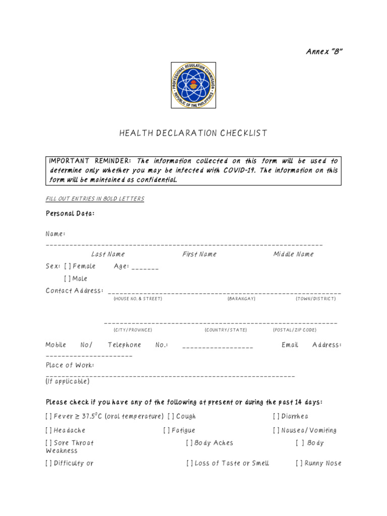 Annex B Health Declaration Form | PDF | Diseases And Disorders | Epidemiology