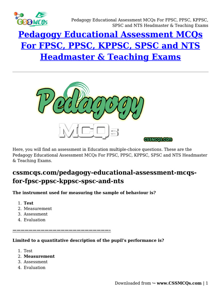 Pedagogy Educational Assessment MCQs For FPSC, PPSC, KPPSC, SPSC and ... Pedagogy Educational Assessment MCQs For FPSC, PPSC, KPPSC, SPSC and ...