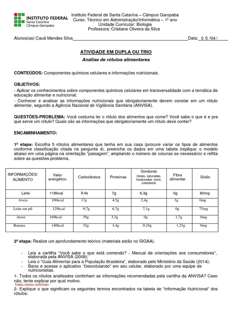 Análise de Rótulos Alimentares na Educação | PDF | Glúten | Alimentos