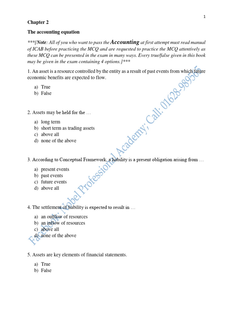 Accounting Chapter 2 MCQ by Nobel Professional Academy | PDF | Balance Sheet | Income