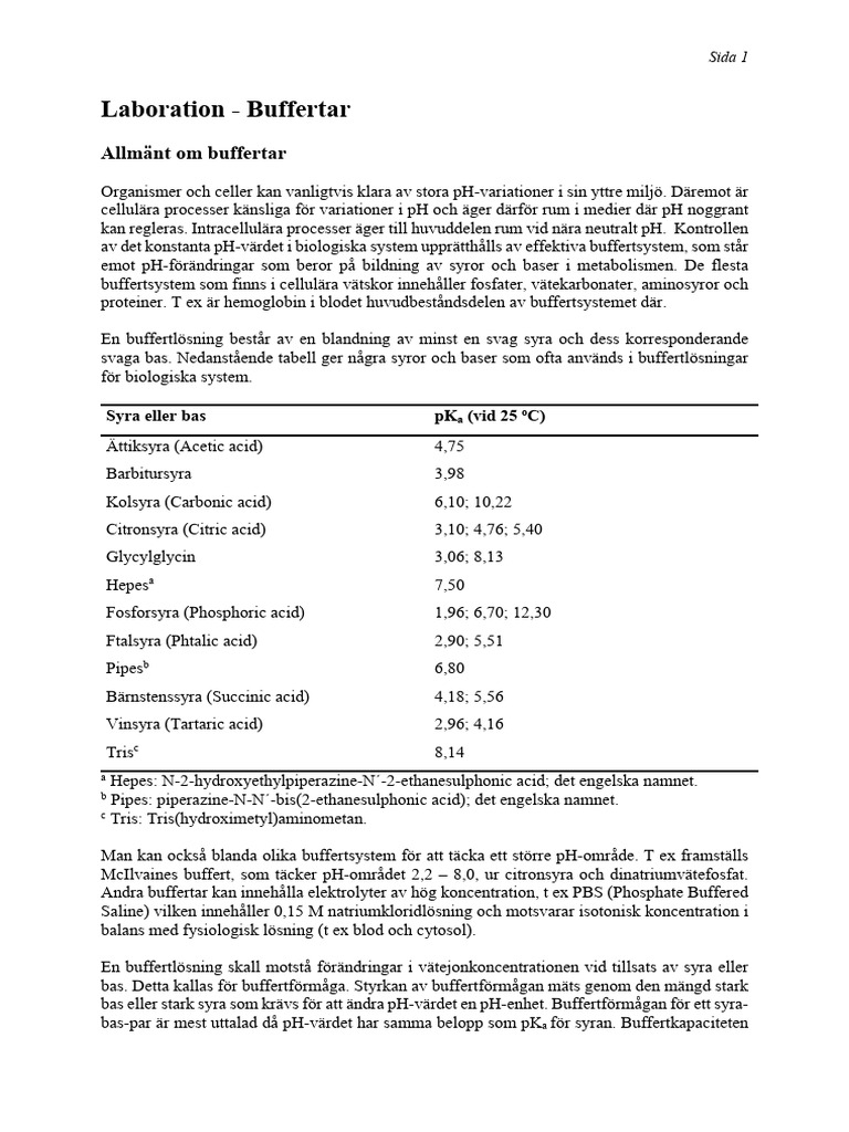 Bakgrund Och Handledning Till Laboration Buffertar 2022 | PDF