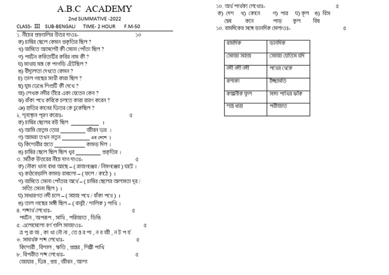 Class 3 Bengali 2 ND Term 2022 | PDF