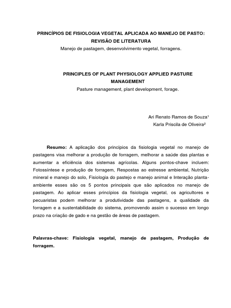 Princípios de Fisiologia Vegetal Aplicada Ao Manejo de Pasto Revisão de ...