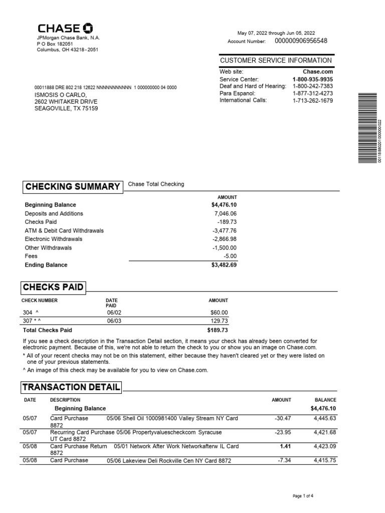 Chase Bank Statement Summary 2022 | PDF | Cheque | Transaction Account