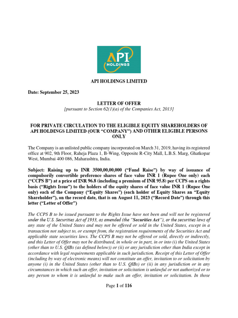 API Holdings - Letter of Offer | PDF | Reputation | Brand