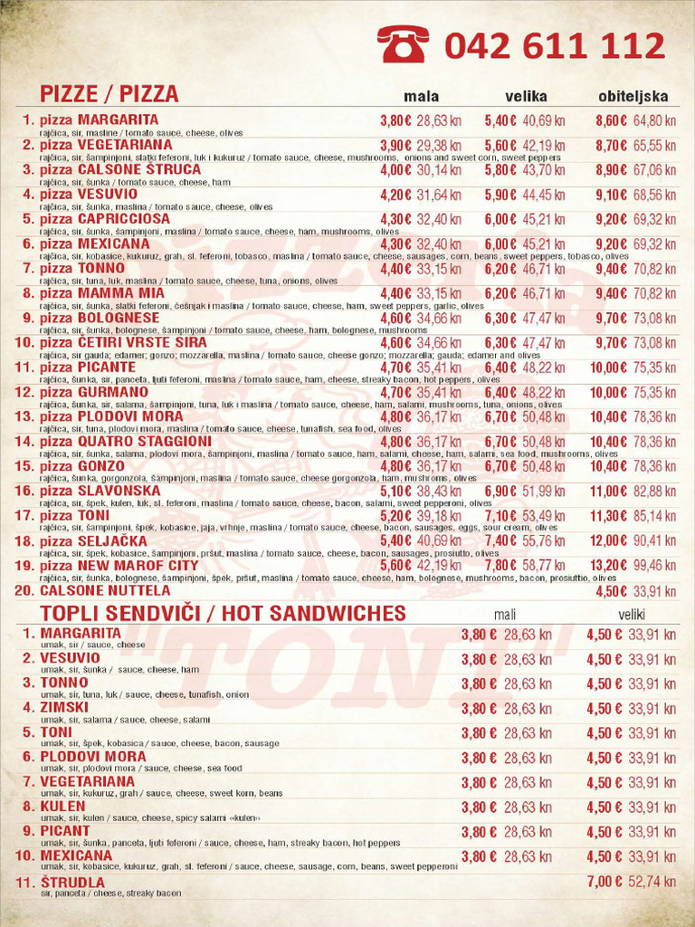 Cjenik Pizzeria Toni | PDF