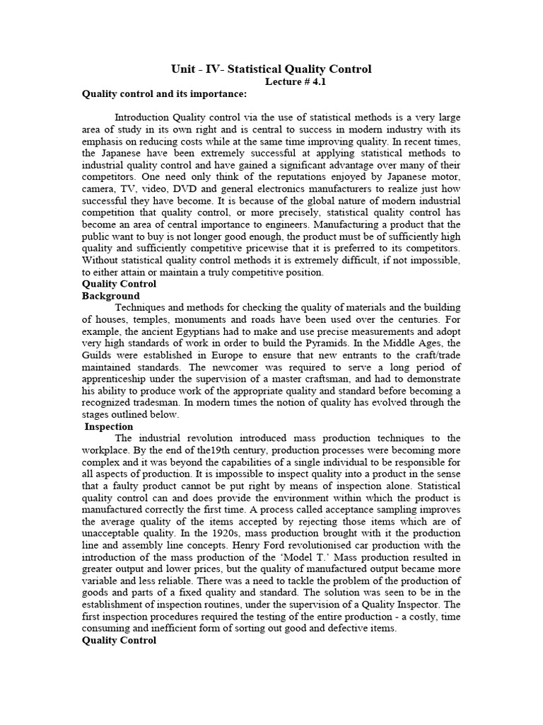 Unit IV - Stastical Quality Control | PDF | Business | Art