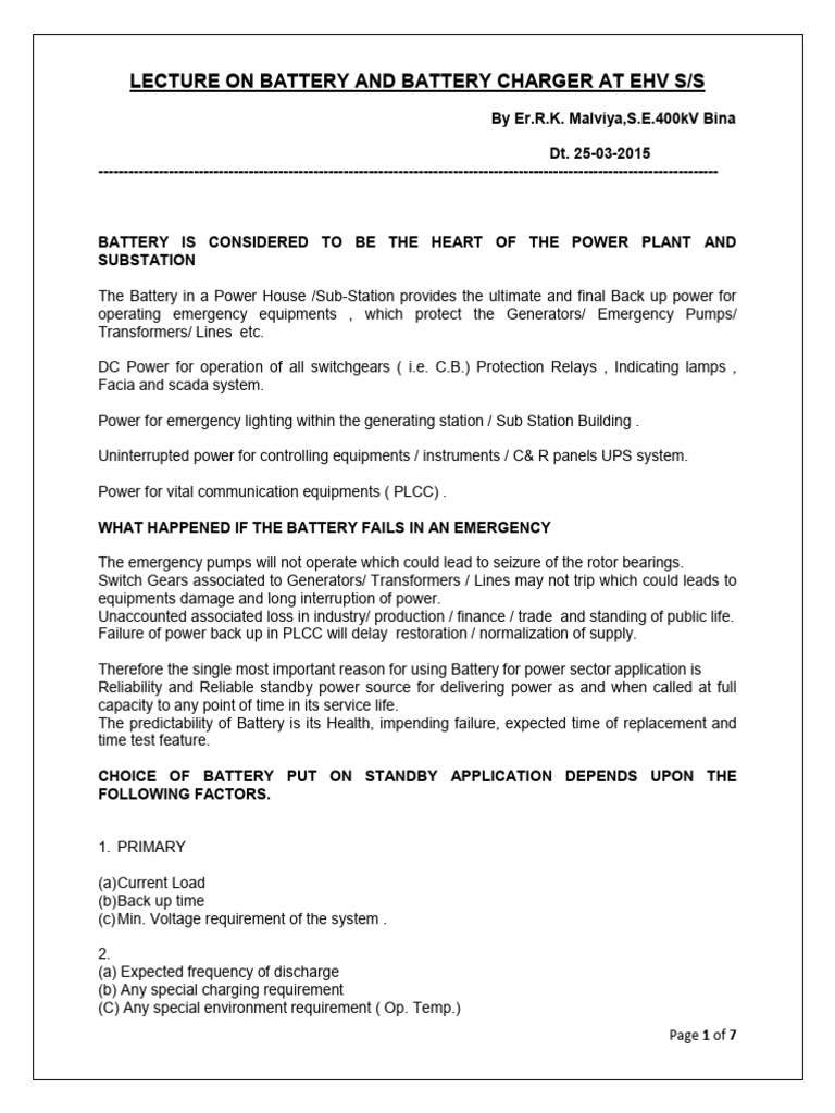 Lecture On Battery And Battery Charger At Ehv S Pdf Battery Charger