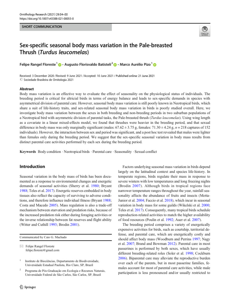 Sex-Specific Seasonal Body Mass Variation in The Pale-Breasted Thrush ...