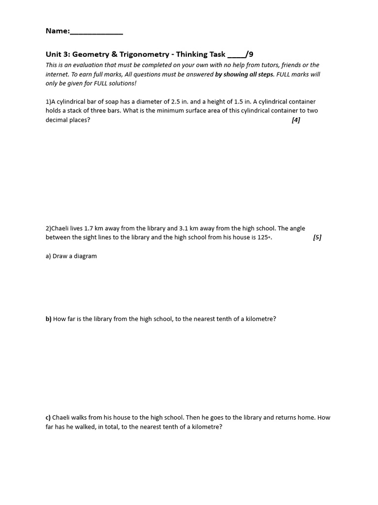 Unit 3 - Geometry & Trigonometry - Thinking Task | PDF
