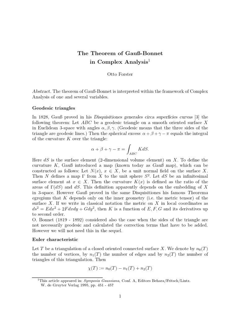 Forster The Theorem of Gauss-Bonet in Complex Analysis | PDF | Space | Geometric Topology