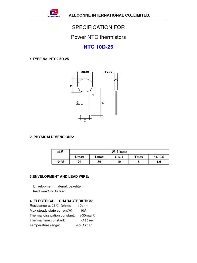 Specification For Power NTC Thermistors | PDF | Electrical Resistance ...
