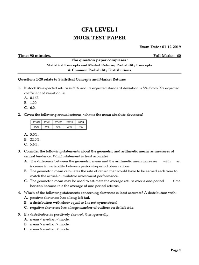 Cfa L 1 Mock Paper - Solution - 2024 | PDF | Mean | Skewness