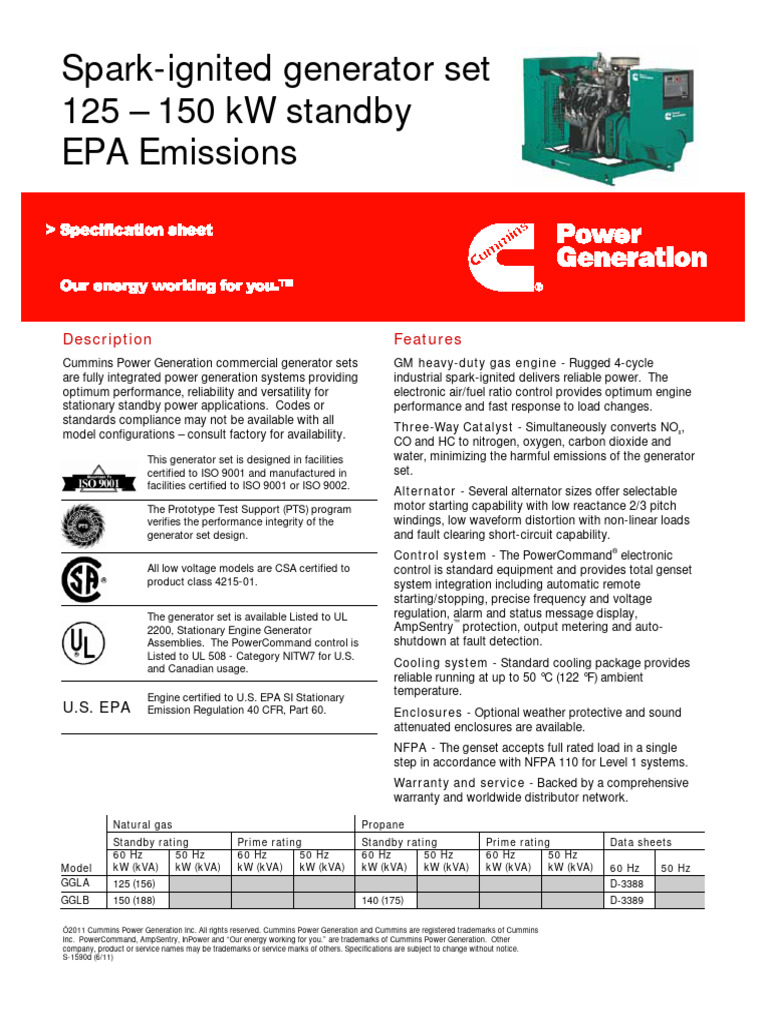Cummins GGLA Spec Sheets | PDF | Electrical Engineering | Electricity