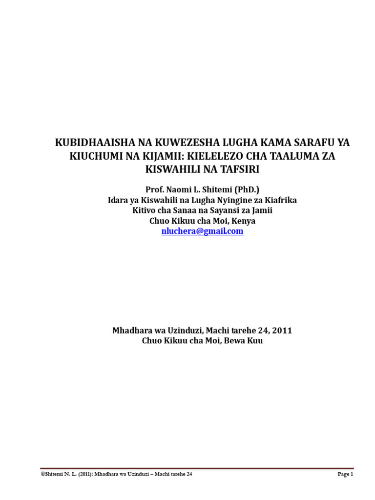 Shitemi Inaugural Lecture - Final Kiswahili Manuscript | PDF