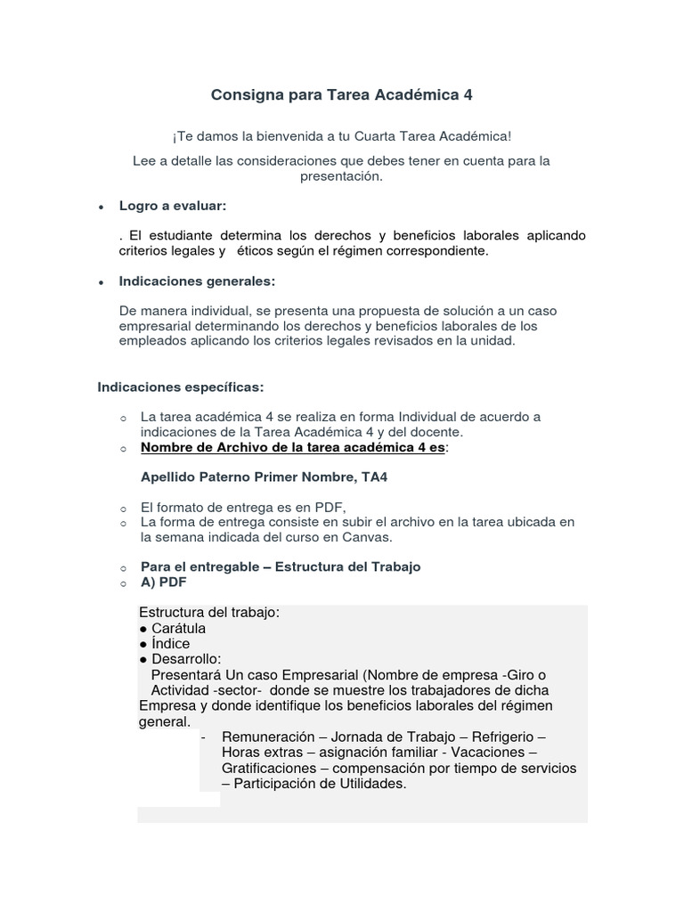 Consigna para Tarea Académica 4 | PDF | Evaluación