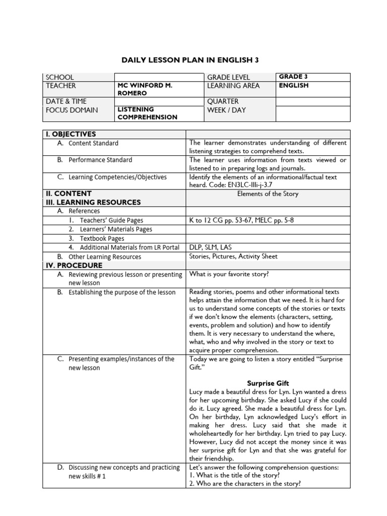 Daily Lesson Plan in English 3 | PDF | Lesson Plan | Learning