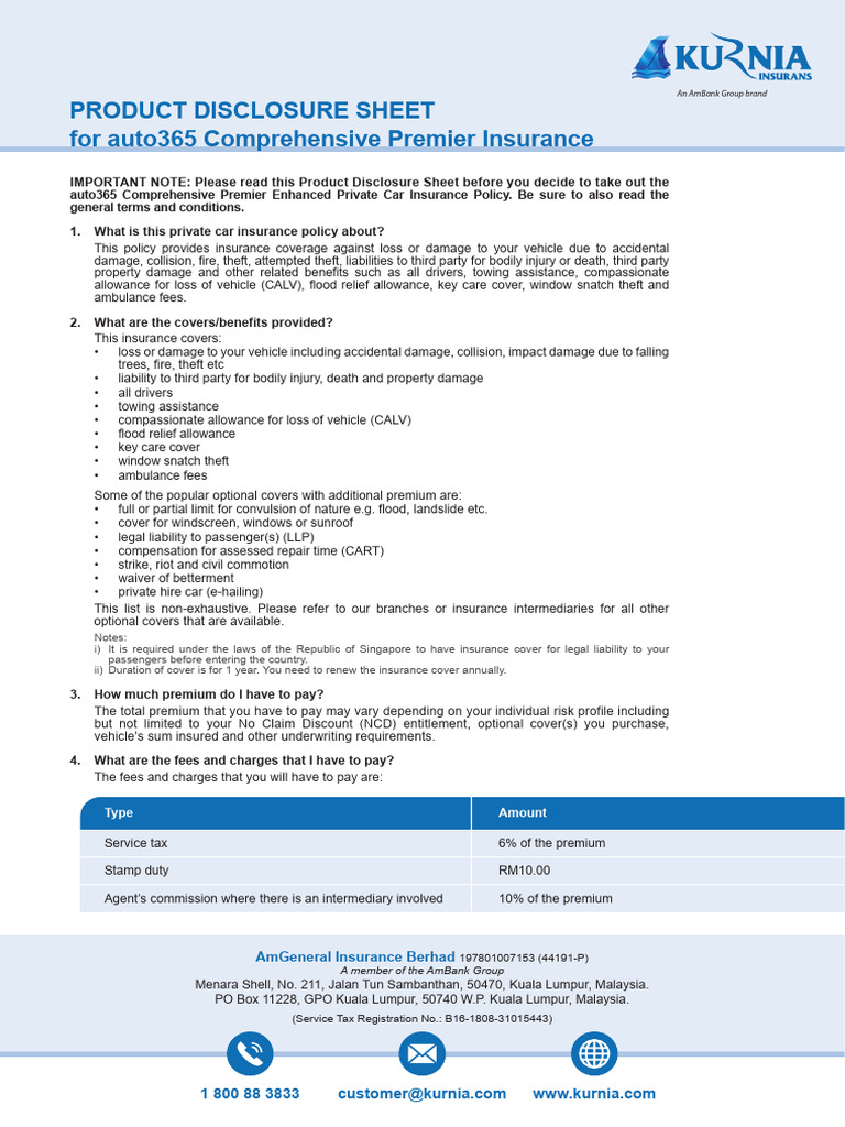 Auto365 Comprehensive Premier - PDS - Kur - ENG - 1022 | PDF ...